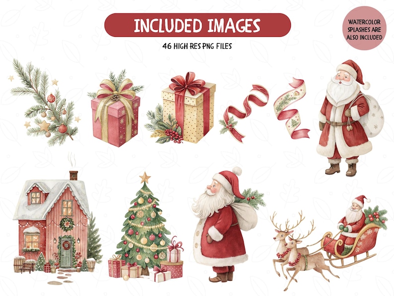 Watercolor Christmas Clipart, Classic Christmas Illustrations, Cute ...