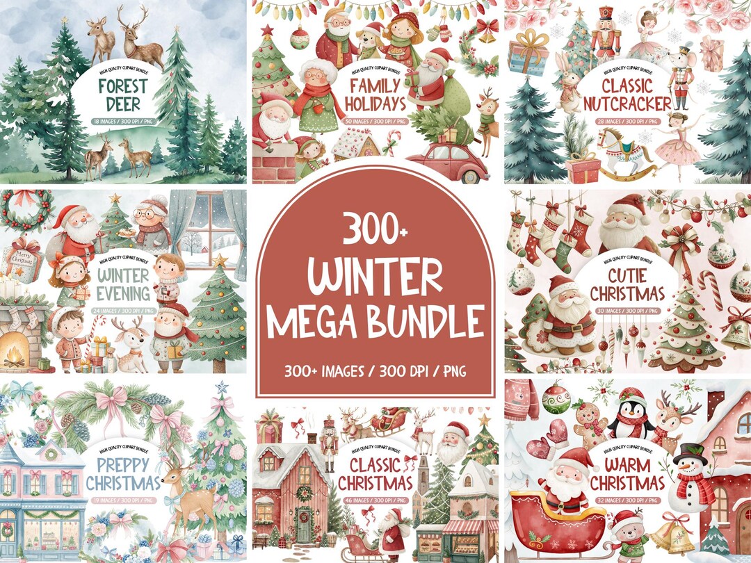 Christmas Clipart MEGA Bundle, Cute Christmas Cliparts, Watercolor ...