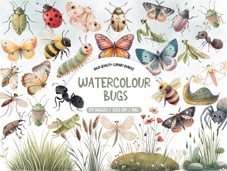 Watercolor Bugs Clipart Bundle – Garden Insect and Butterfly PNG Set ...