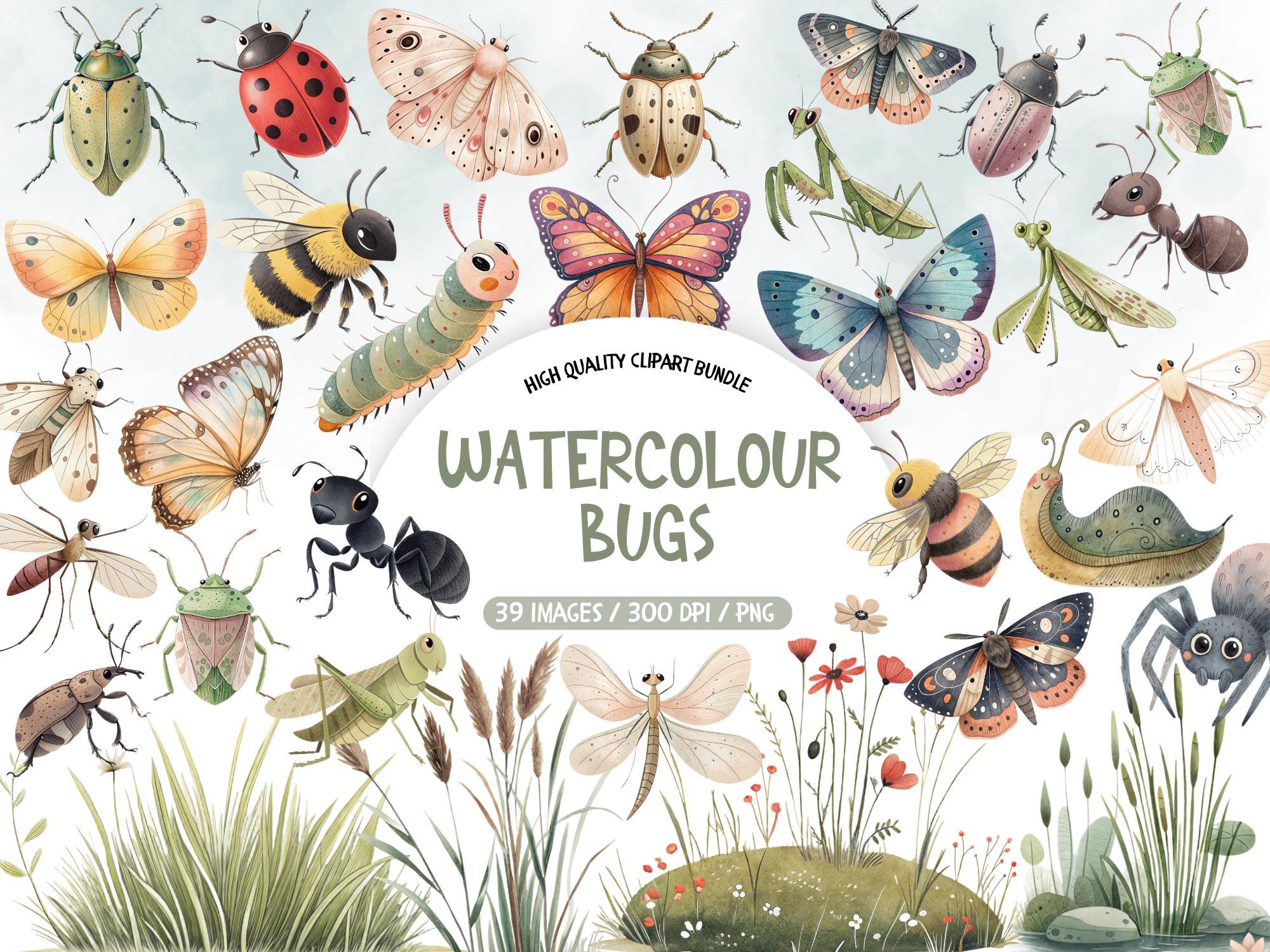 Watercolor Bugs Clipart Bundle – Garden Insect and Butterfly PNG Set ...