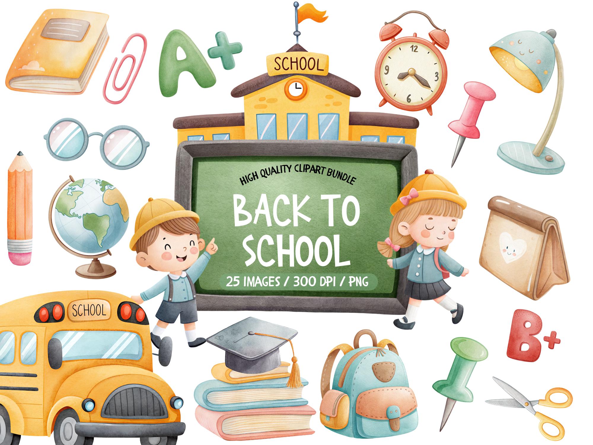 Back to School Clipart Bundle, Cute School Supplies PNG, School Bus ...