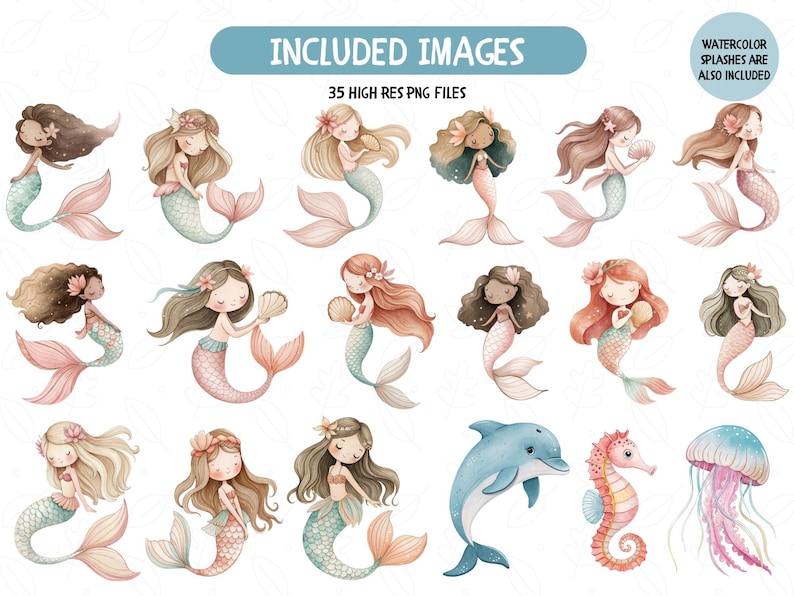 Watercolor Mermaid Clipart Bundle – Under the Sea Ocean Animal PNG ...