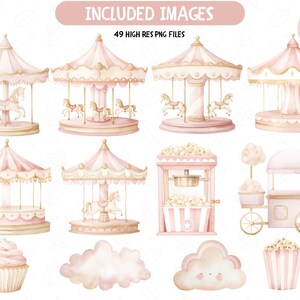 Pink Carousel Clipart Bundle: Watercolor Carnival Elements (commercial ...