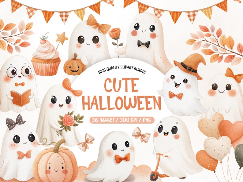 Watercolor Halloween Clipart Bundle: Ghosts, Pumpkins, Witches (PNG ...