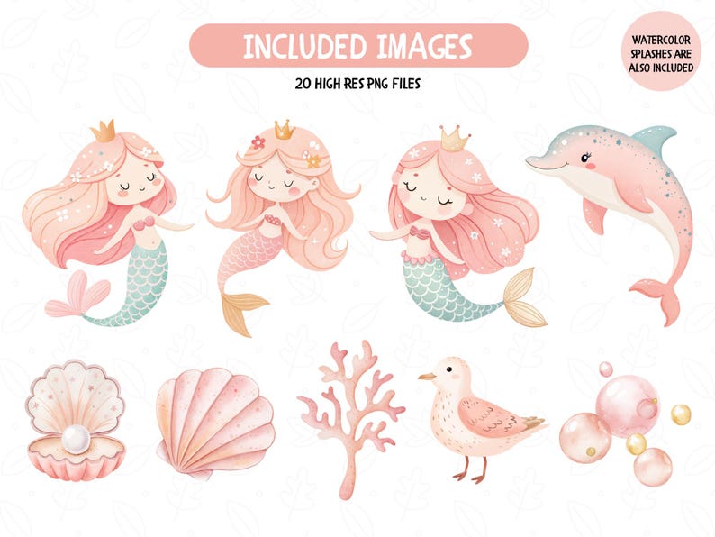 Watercolor Mermaid Clipart, Cute Pastel Pink Clip Art, Under the Sea ...