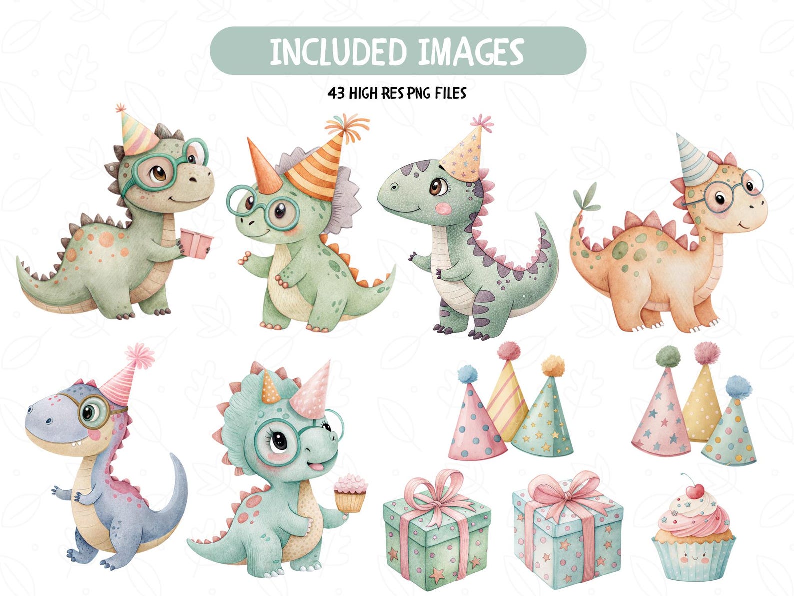 Dino Birthday Clipart, Cute Dinosaur Clipart, Watercolor Baby Dino ...