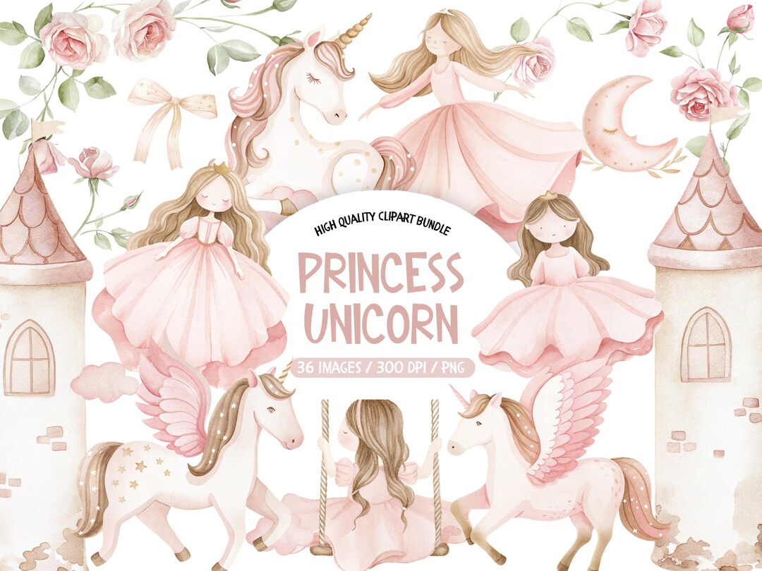 Pink Princess Unicorn Clipart Bundle: Watercolor Illustration Pack ...