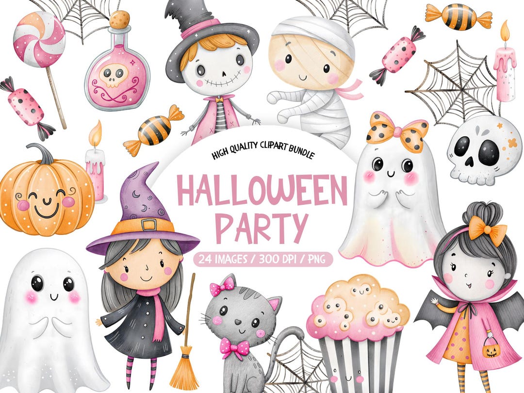 Cute Halloween Clipart, Kawaii Witches PNG Bundle, Pink Pastel Witchy ...