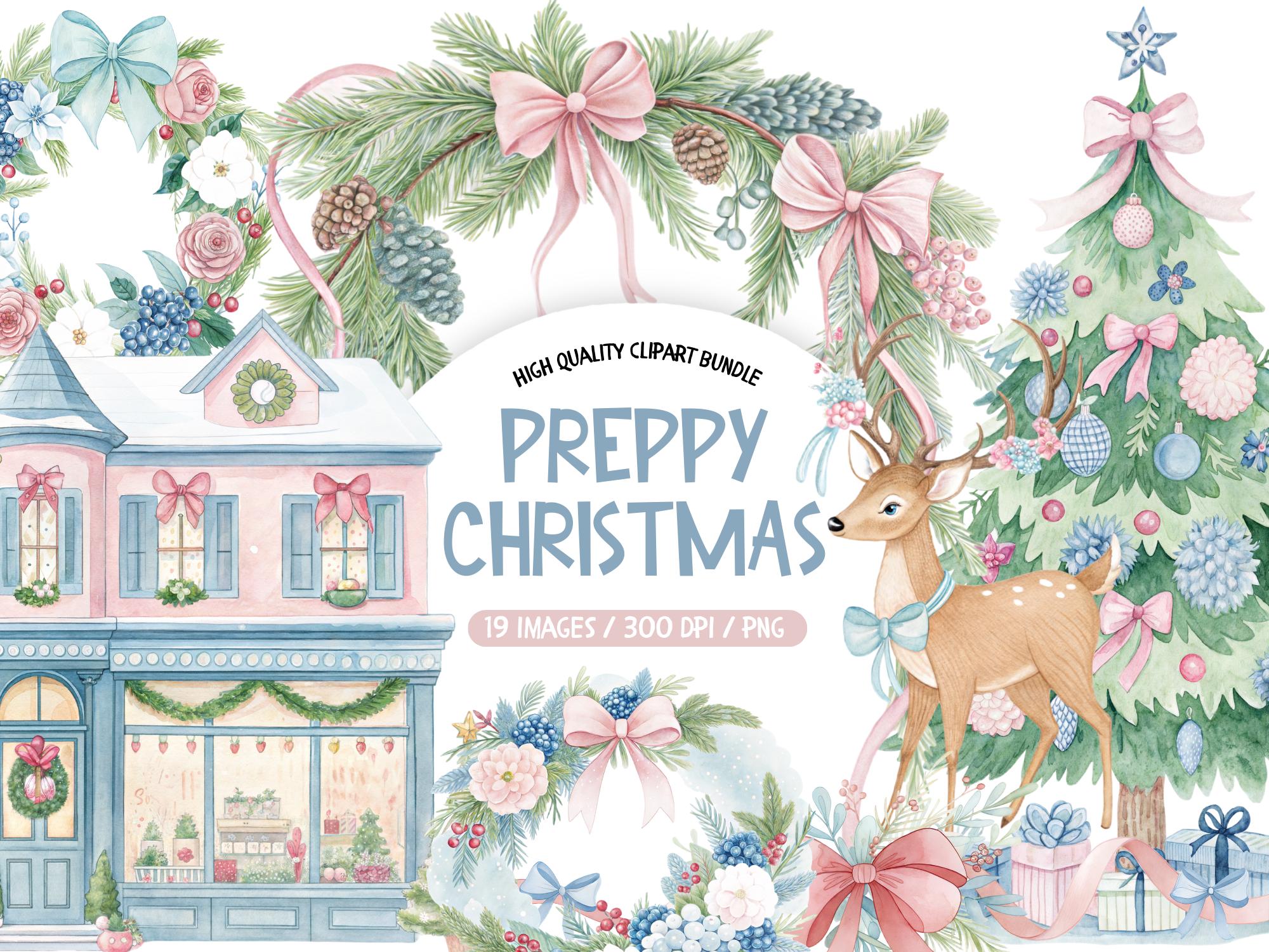 Preppy Christmas Clipart, Watercolor Christmas Clipart, Cute Christmas ...