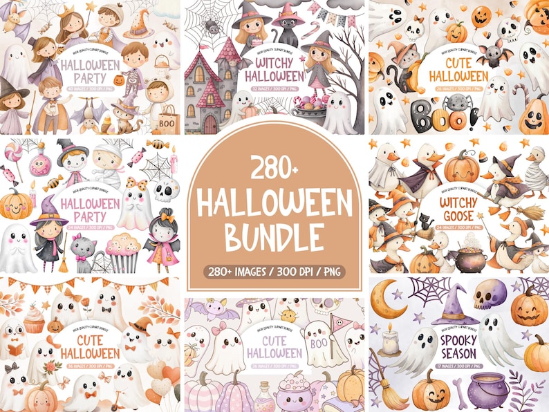 Halloween Clipart Mega Bundle, Cute Whimsical Watercolor Ghosts ...