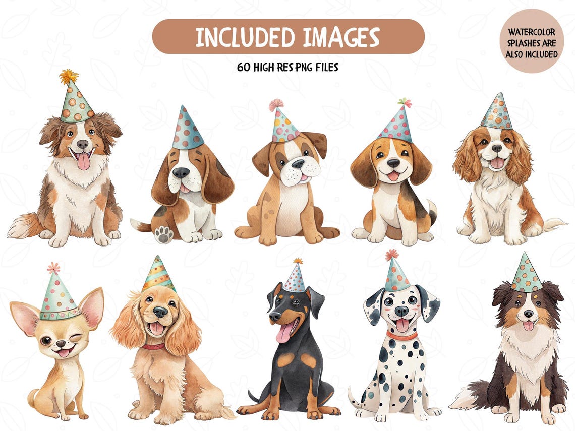 Cute Dogs Clipart, Paw Party Clipart, Dog Birthday Pawty Clipart, Puppy ...