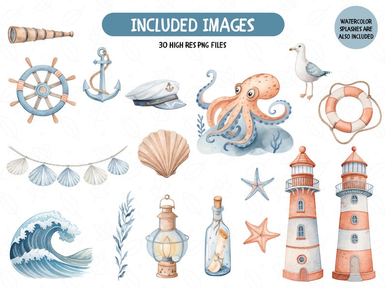 Watercolor Nautical Clipart Bundle, Coastal Illustrations (PNG Digital ...