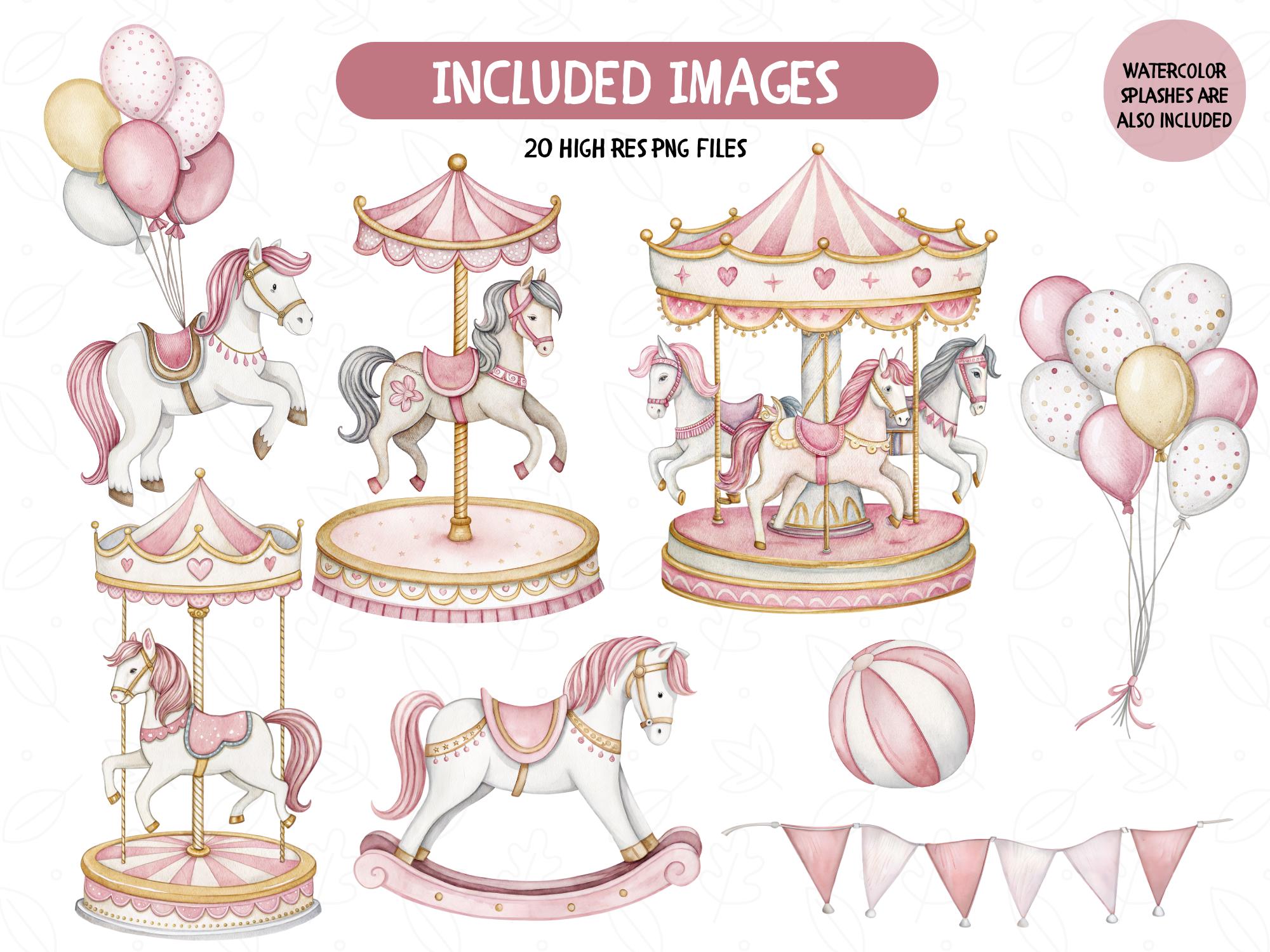 Watercolor Pink Carousel Clipart, Carousel Horse Clipart, Rocking Horse ...