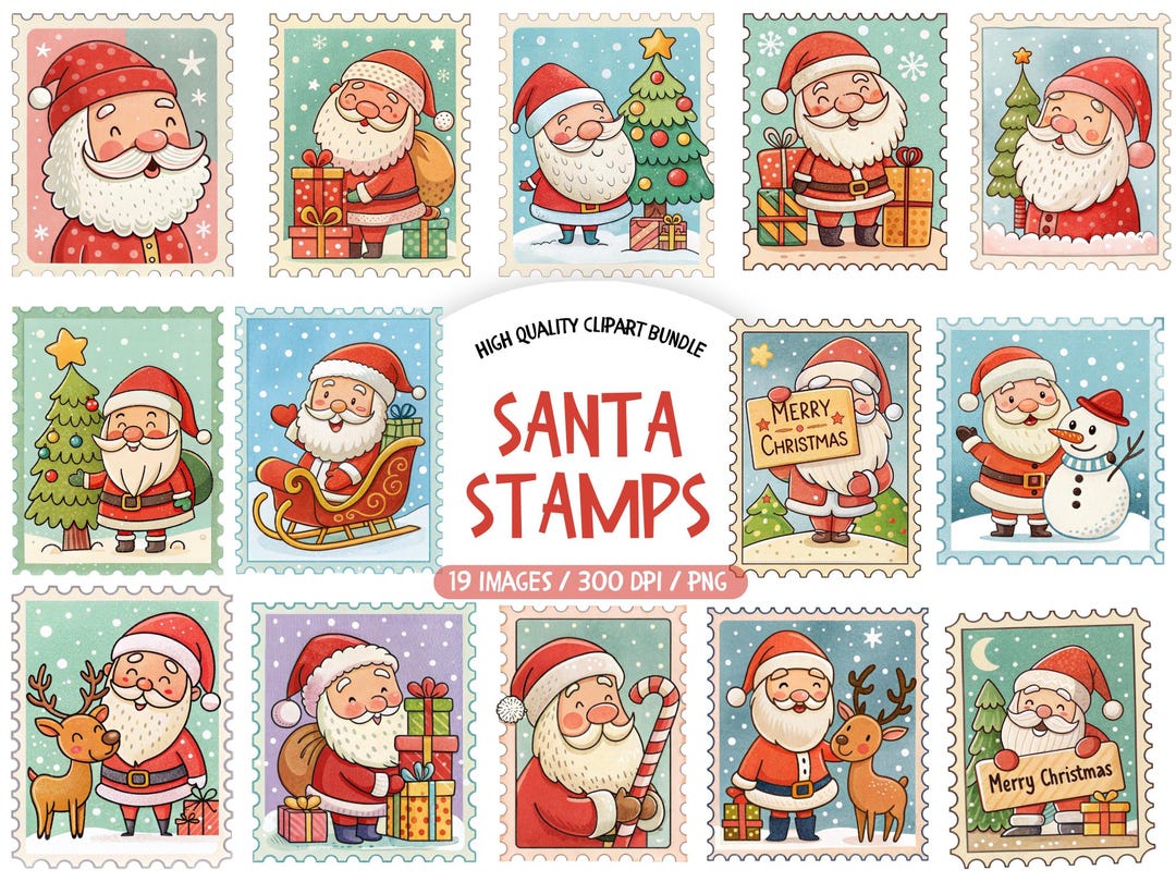 Cute Santa Stamps Clipart, Christmas Postage Stamps PNG, Vintage Santa ...