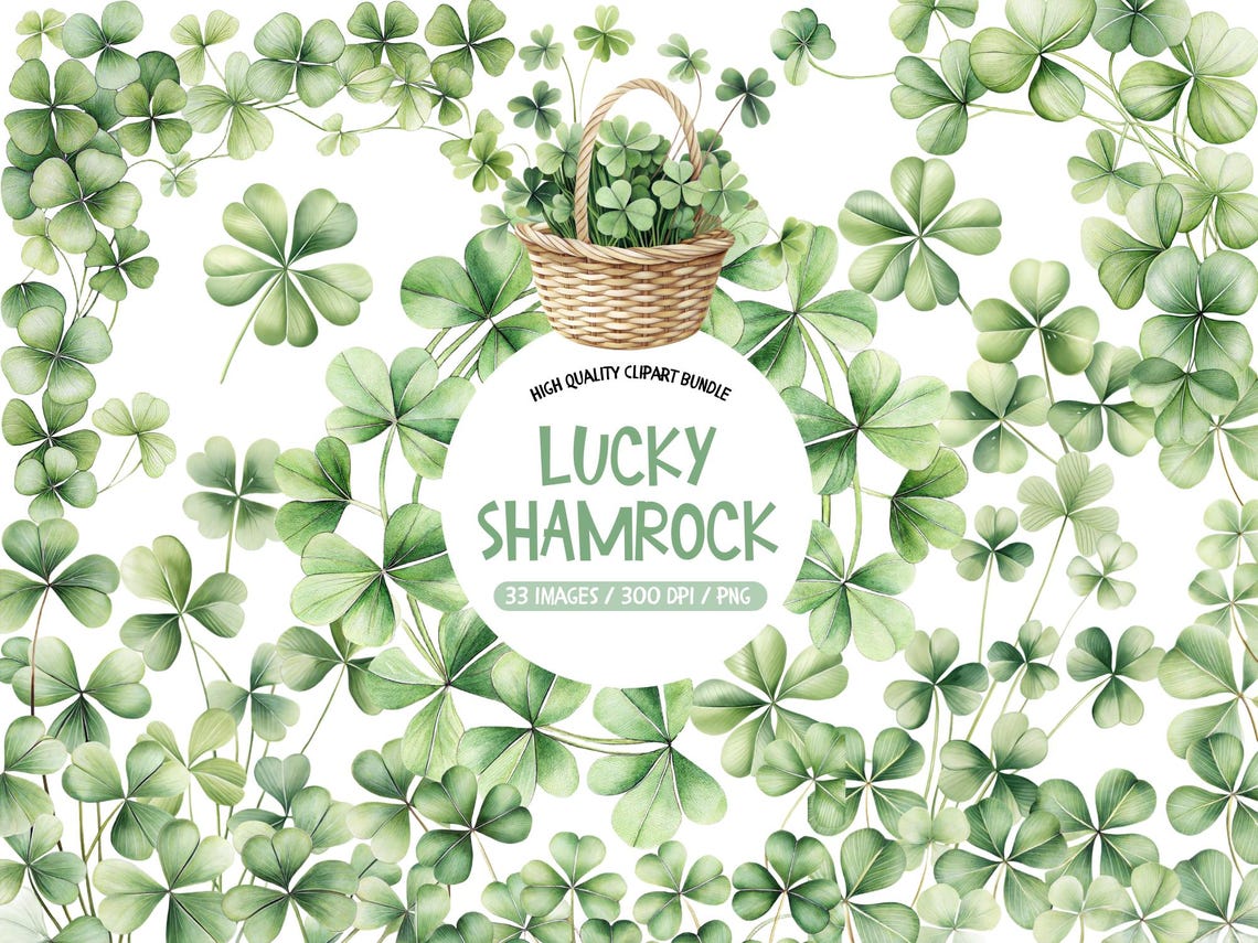 Watercolor Shamrock Clipart Bundle: St Patricks Day Clover, Borders ...