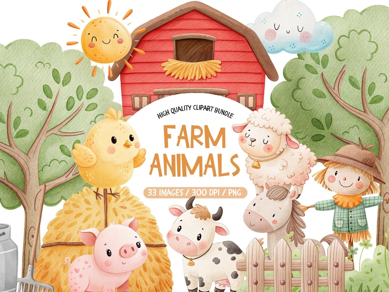 Cute Farm Clipart, Farm Animals Clipart, Farm Life Watercolor Clipart ...