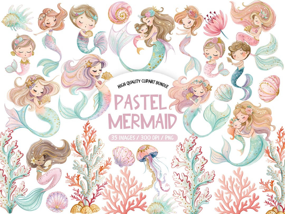 Watercolor Pastel Mermaid Clipart Bundle – Fantasy Undersea and Nursery ...
