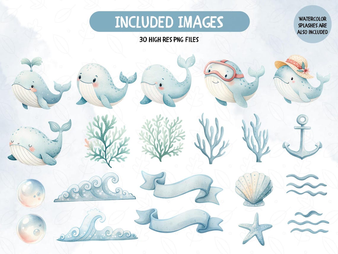 Under the Sea Watercolor Clipart, Ocean Clipart, Blue Whale Clip Art ...