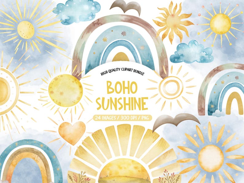 Sunshine Clipart Bundle – Yellow Sun and Boho Summer Theme Nursery Art ...