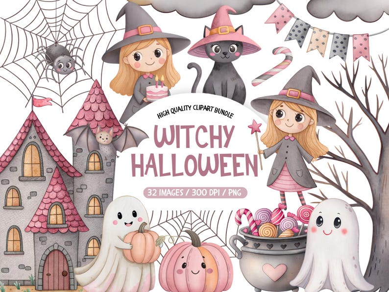 Watercolor Halloween Clipart Bundle: Ghosts, Pumpkins, Witches (PNG ...