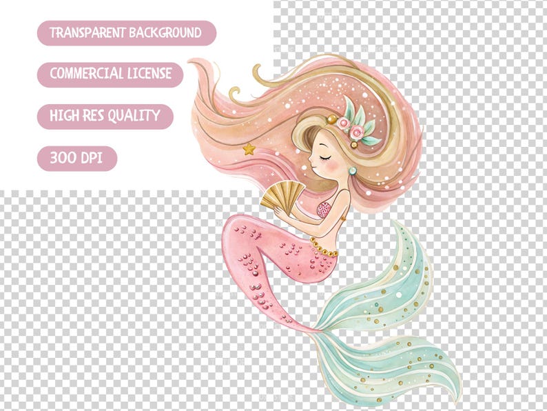 Watercolor Pastel Mermaid Clipart Bundle – Fantasy Undersea and Nursery ...