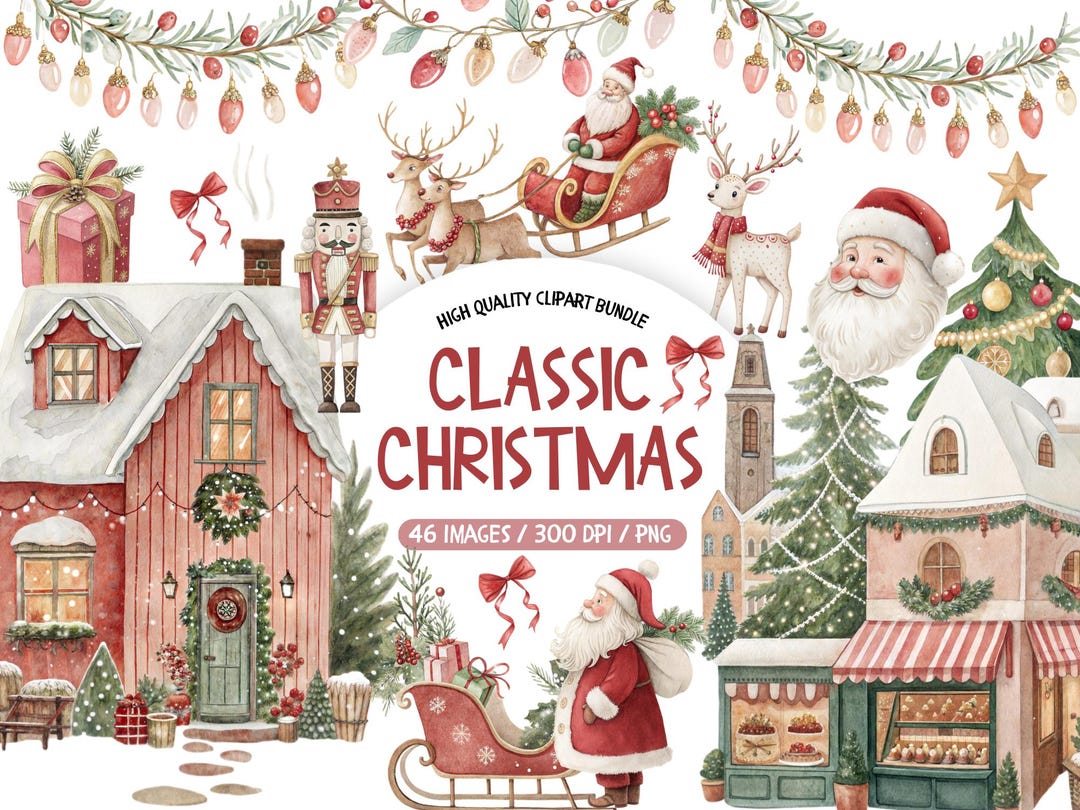 Watercolor Christmas Clipart, Classic Christmas Illustrations, Cute ...