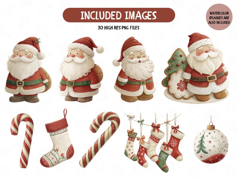Cute Santa Clipart, Watercolor Christmas Clipart, Vintage Christmas ...