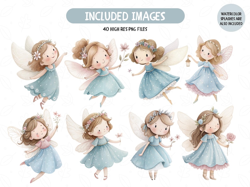 Fairy Garden Clipart, Little Fairy PNG Bundle, Watercolor Blue Fairy ...