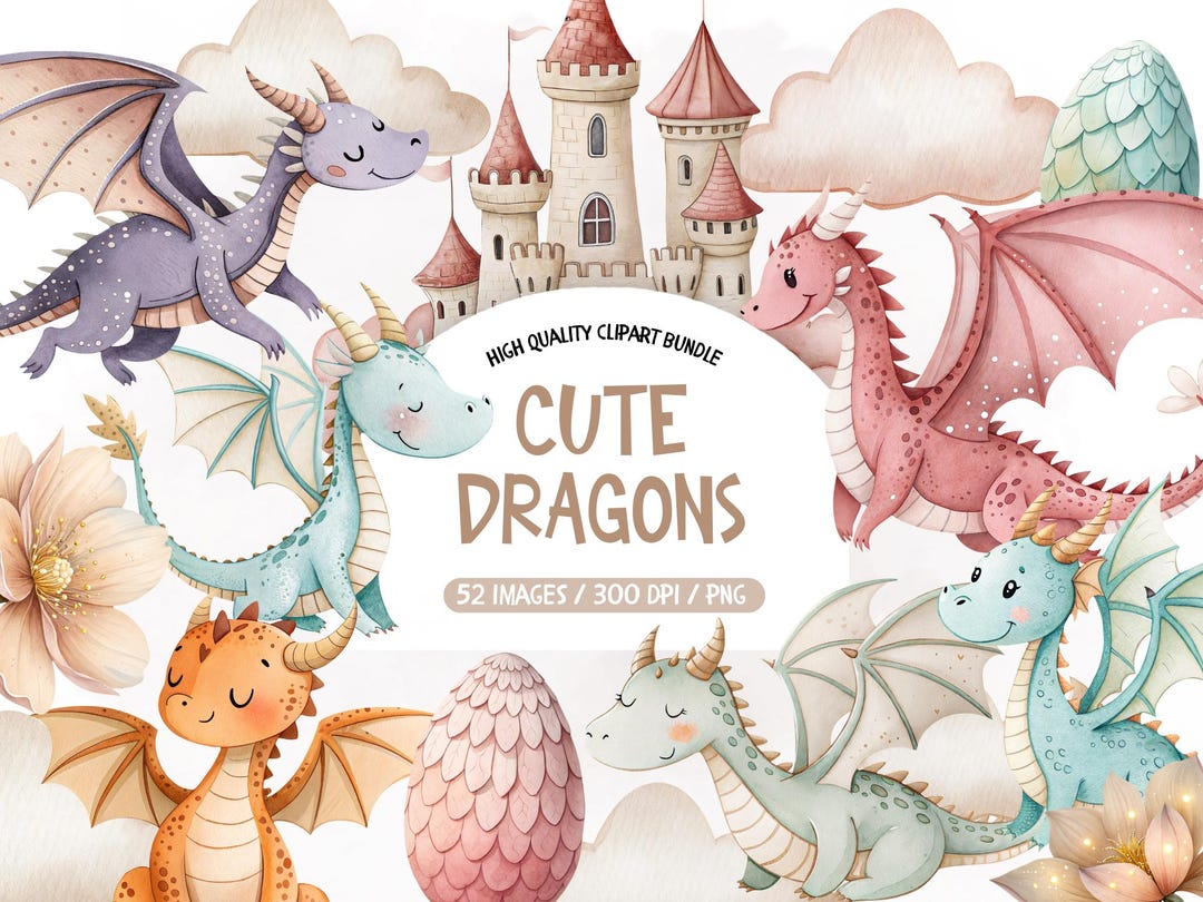 Watercolor Cute Dragon Clipart, Dragon Tales Png Bundle, Fantasy ...