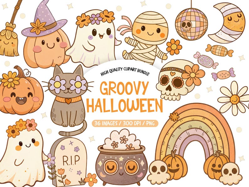 Groovy Halloween Clipart Bundle, Retro Ghost PNG (commercial Use) - Etsy