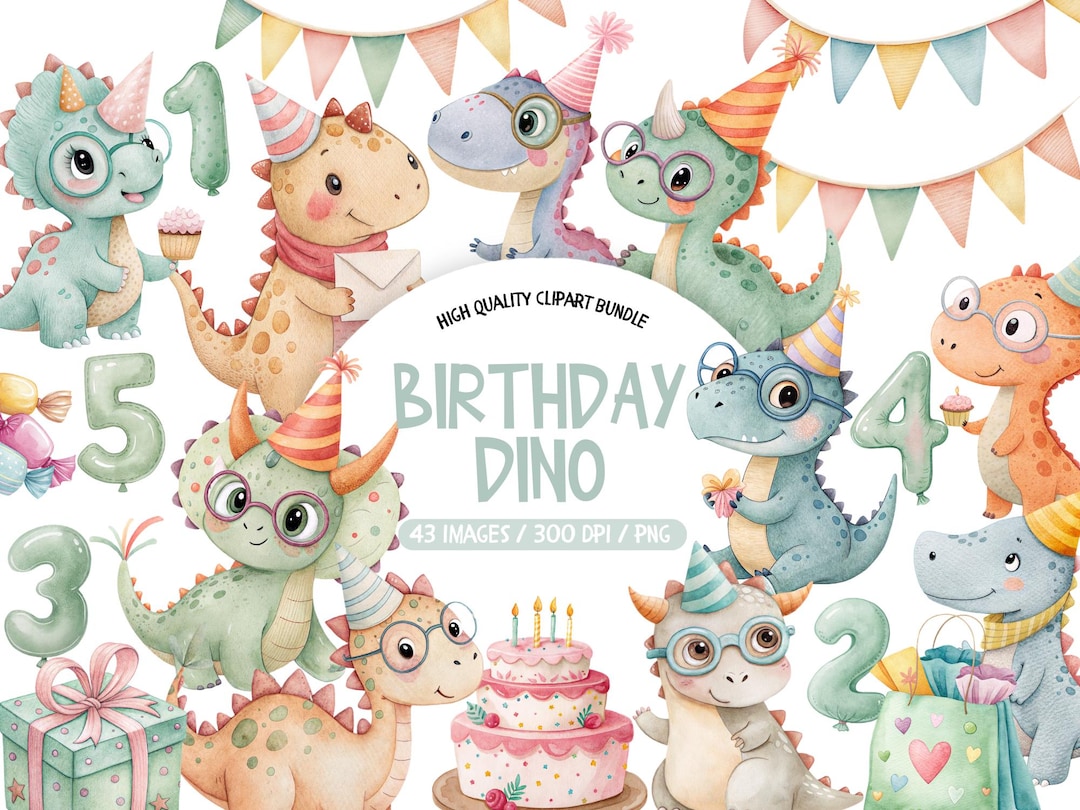 Dino Birthday Clipart, Cute Dinosaur Clipart, Watercolor Baby Dino ...