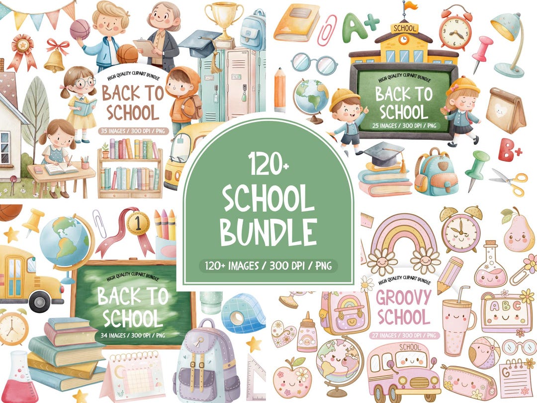 School Clipart Bundle, Groovy School Clipart Bundle, Retro Back to ...