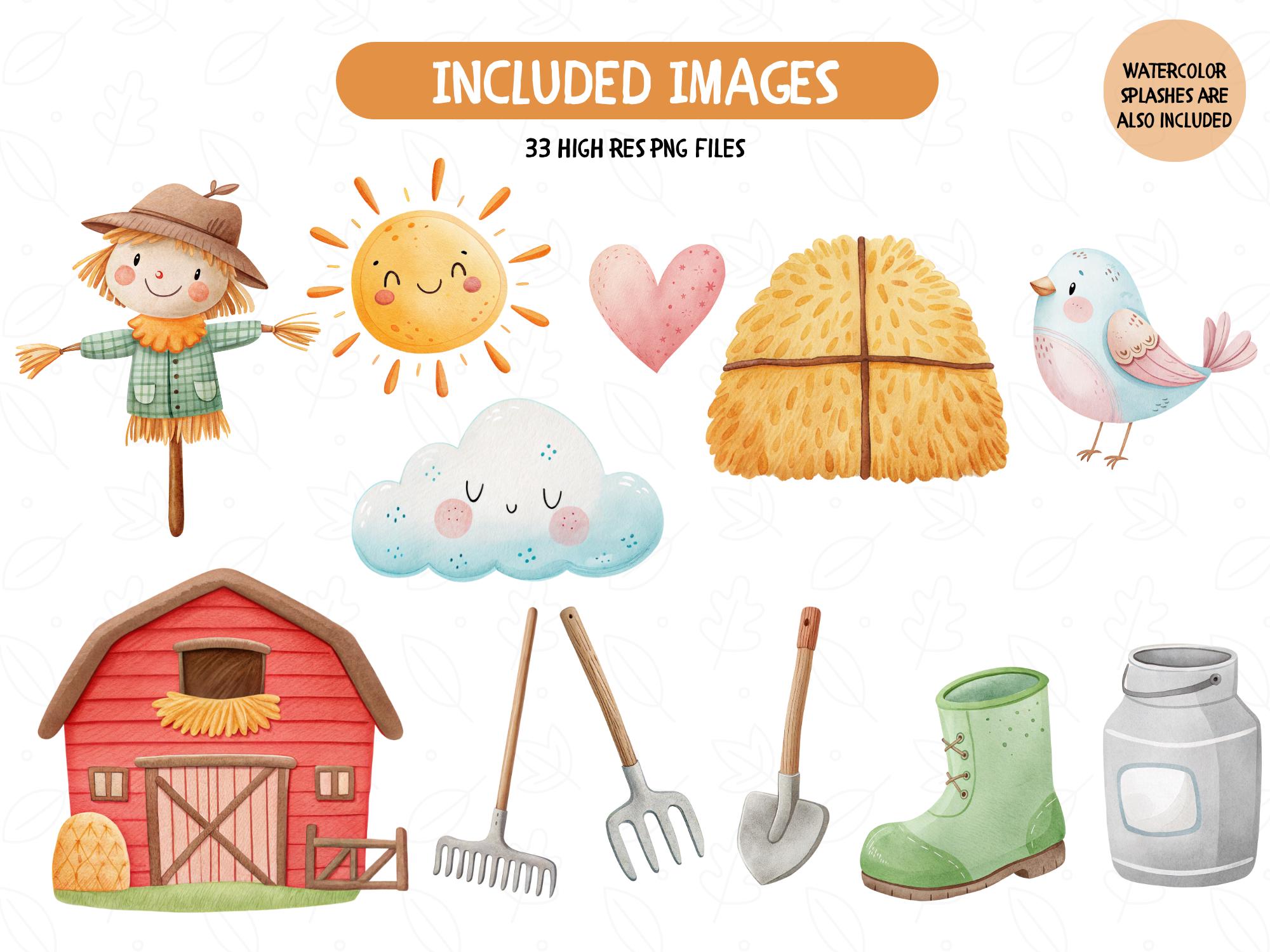 Cute Farm Clipart, Farm Animals Clipart, Farm Life Watercolor Clipart ...