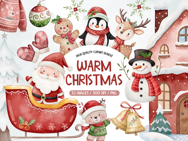 Watercolor Christmas Clipart, Cute Christmas Characters Clipart, Santa ...