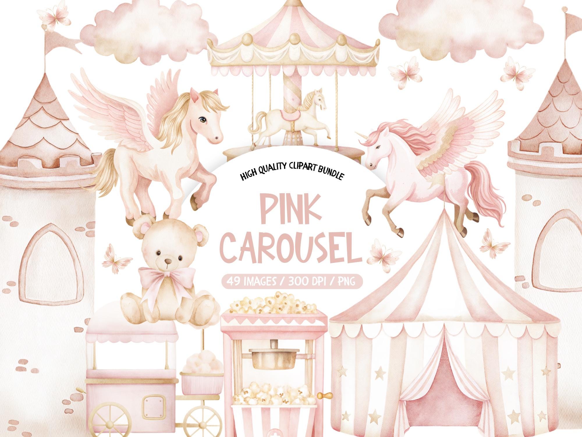 Pink Carousel Clipart Bundle: Watercolor Carnival Elements (commercial ...