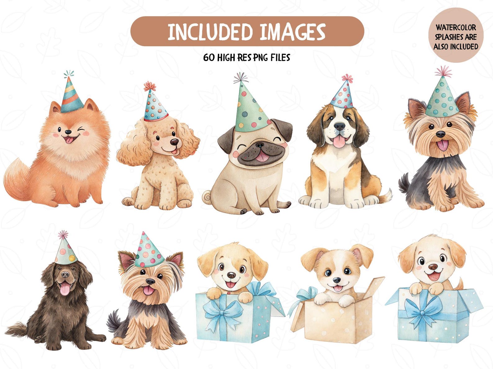 Cute Dogs Clipart, Paw Party Clipart, Dog Birthday Pawty Clipart, Puppy ...