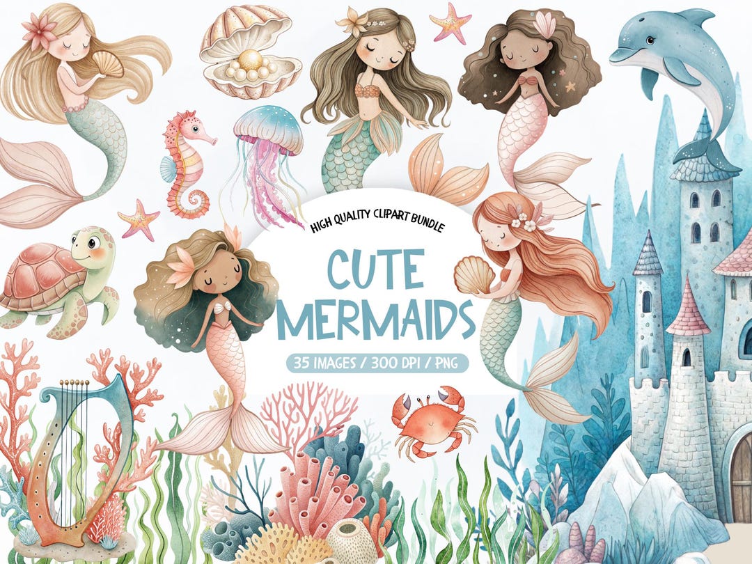 Watercolor Mermaid Clipart Bundle – Under the Sea Ocean Animal PNG ...