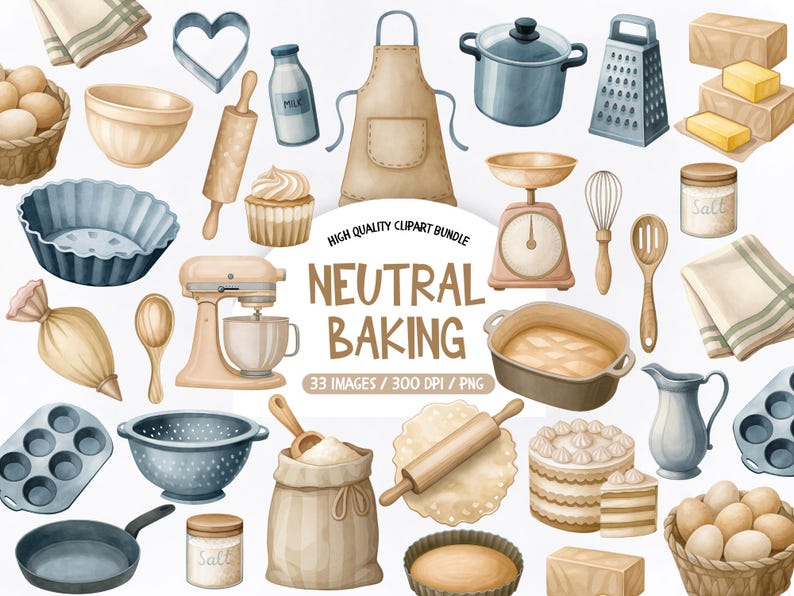 Baking Clipart Set: Watercolor Kitchen Utensils and Bakery Tools (PNG ...