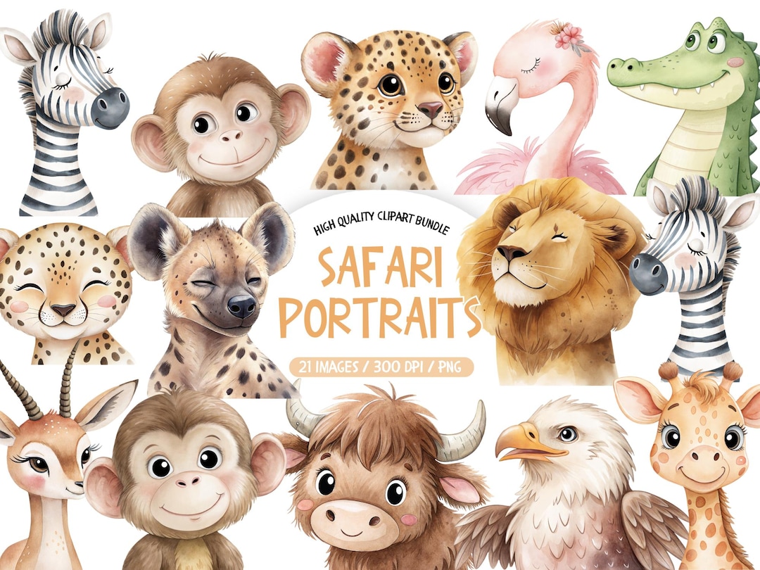 Safari Animal Portraits Clipart, Watercolor Baby Jungle Animals PNG ...