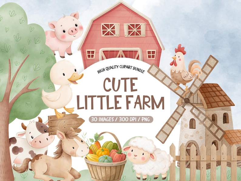 Watercolor Farm Animal Clipart Bundle, Nursery Art (PNG Digital ...
