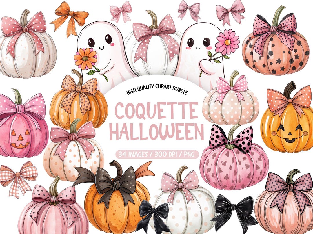 Coquette Halloween Clipart Bundle, Pink Pumpkin, Ghost Doodles (PNG) - Etsy