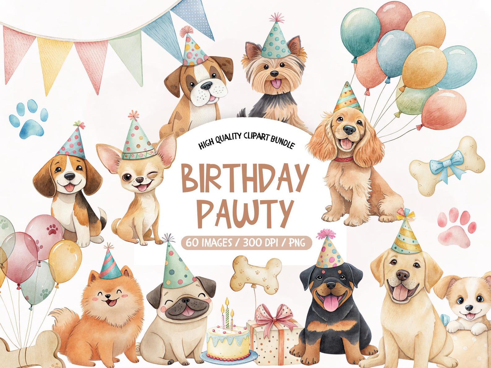 Cute Dogs Clipart, Paw Party Clipart, Dog Birthday Pawty Clipart, Puppy ...