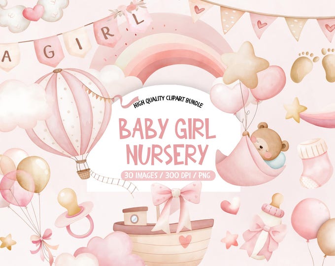 Pink Baby Nursery Clipart, Baby Girl Shower Clip Art, Teddy Bear ...