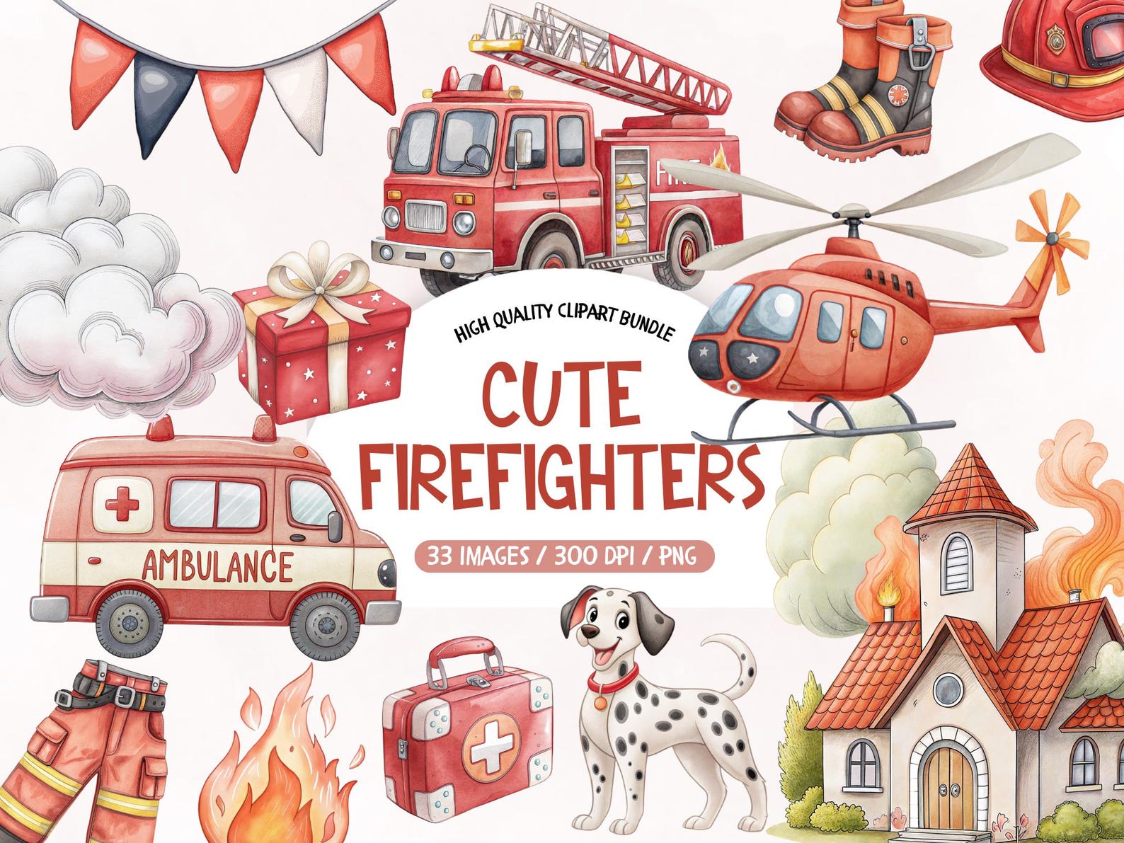 Cute Firefighters Clipart, Watercolor Emergency Vehicles Clipart, Fire ...