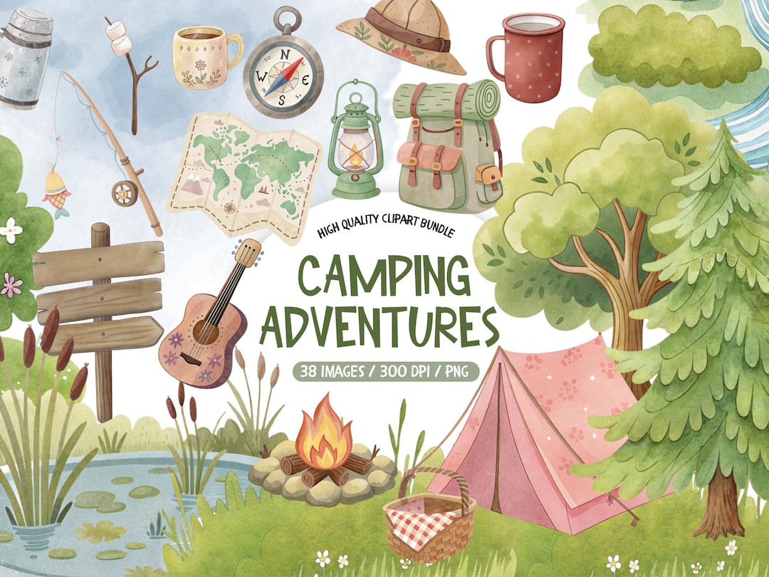 Watercolor Camping Adventure Clipart – Camp and Nature Elements ...