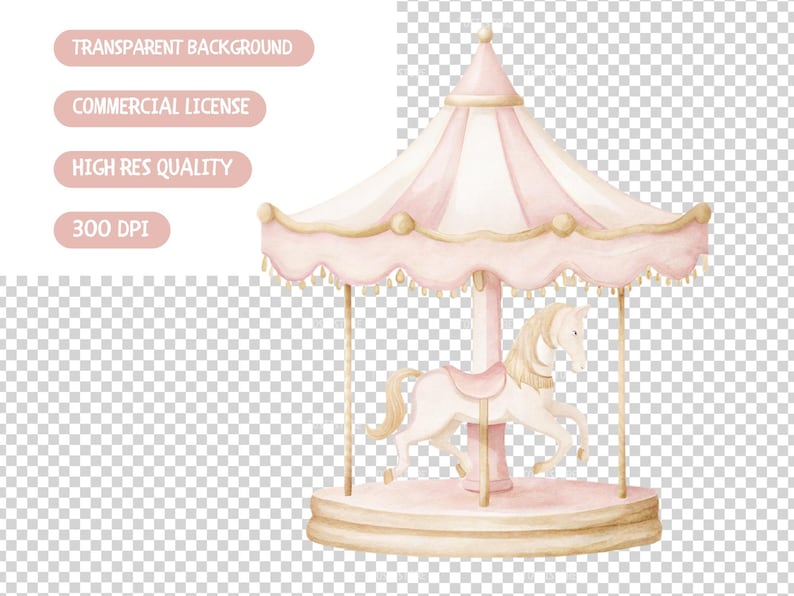 Pink Carousel Clipart Bundle: Watercolor Carnival Elements (commercial ...