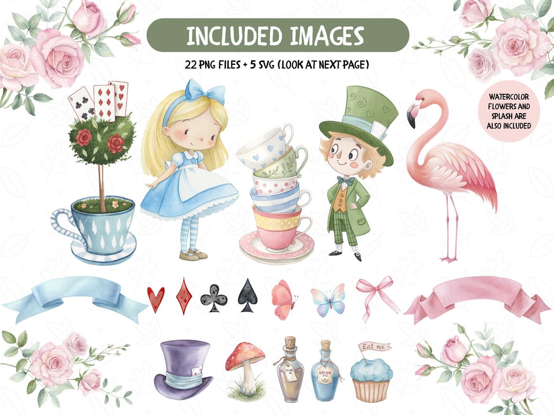 Watercolor Alice in Wonderland Clipart Bundle (PNG) - Etsy