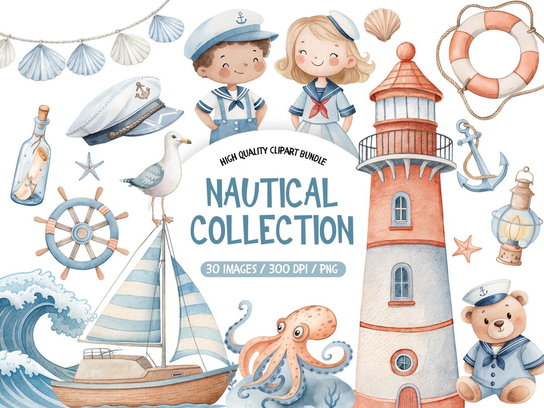 Watercolor Nautical Clipart Bundle, Coastal Illustrations (PNG Digital ...