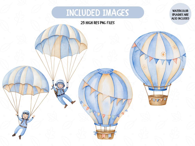 Watercolor Air Transport Clipart, Cute Blue Plane Clipart, Air Balloon ...