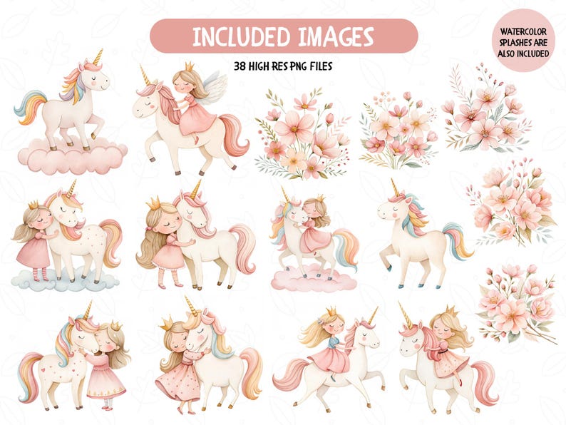 Unicorn and Princess Clipart, Princess Unicorn Clipart, Watercolor Pink ...